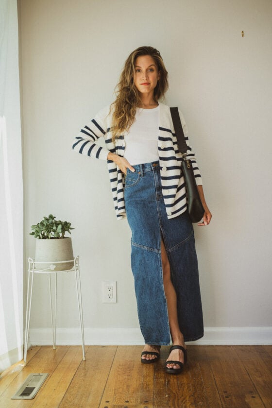 Six Denim Maxi Skirt Outfit Ideas - Stitch & Salt